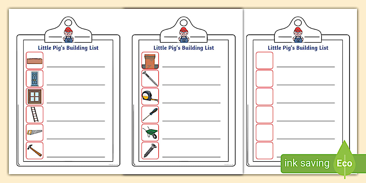 The Three Little Pigs Building List Writing Activity