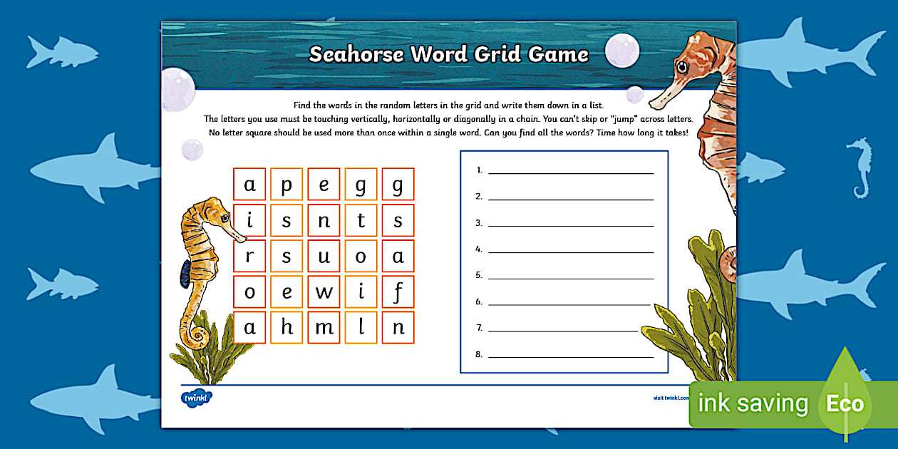 Seahorse Word Grid Game (teacher made) - Twinkl