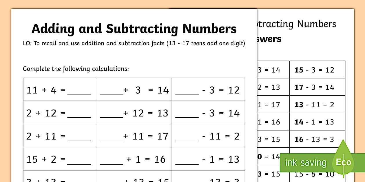 Number Facts Worksheet 13-17 Teens Add One Digit - Twinkl