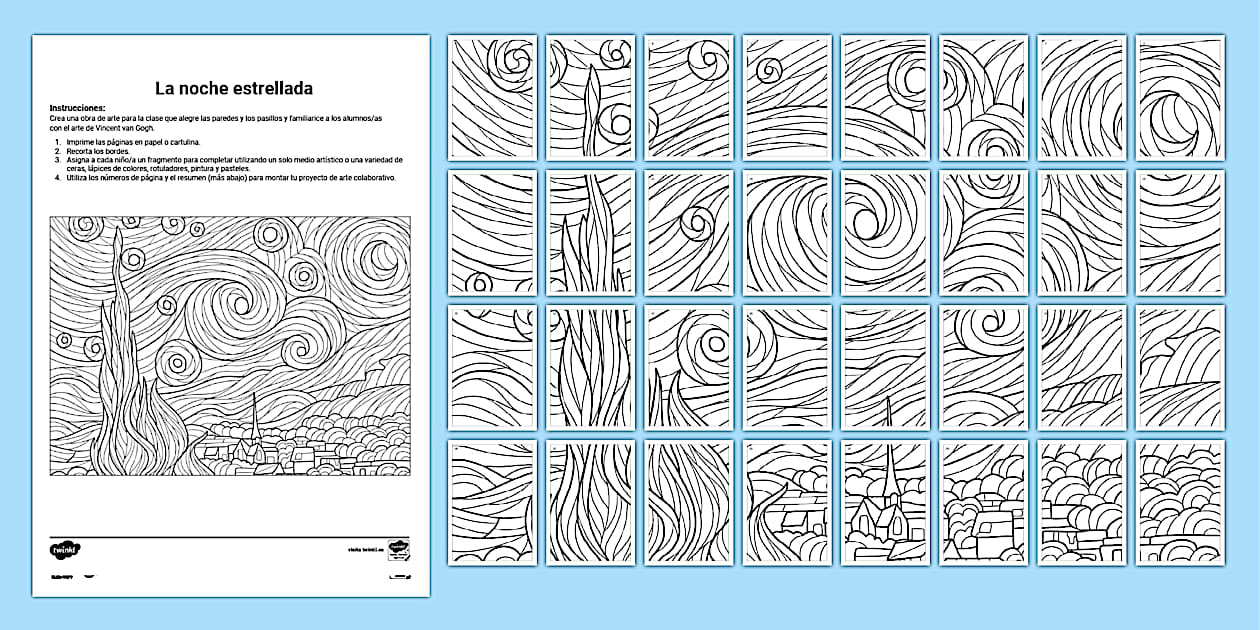 Arte colaborativo: La noche estrellada para colorear en PDF