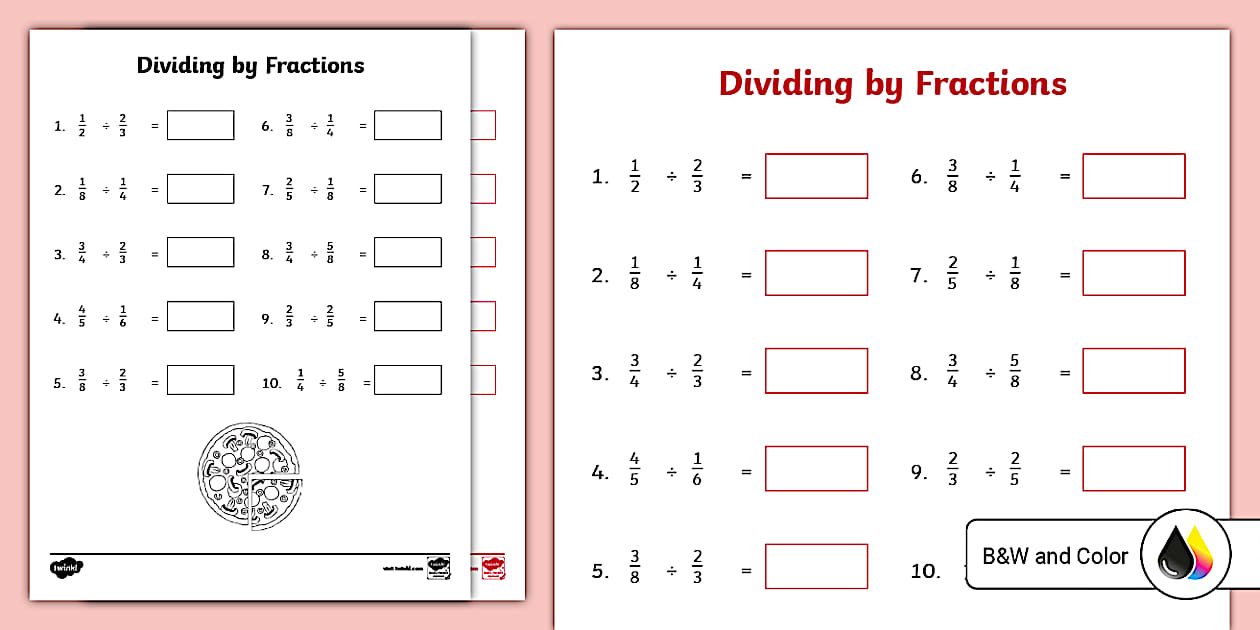 Dividing by Fractions Worksheet for 6th-8th Grade - Twinkl