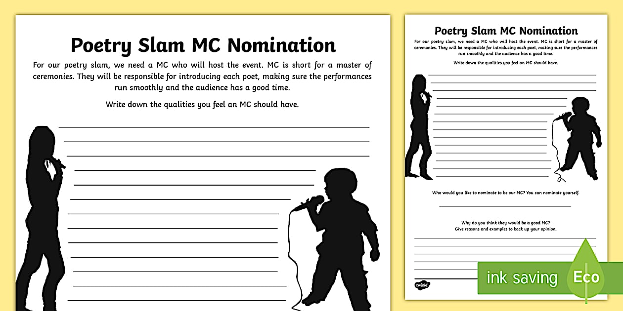 Poetry Slam MC Nomination Worksheet / Worksheet - Twinkl