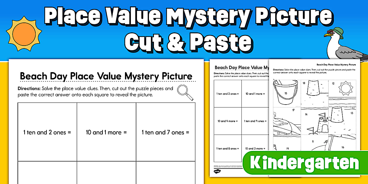 Kindergarten Beach Day Place Value Mystery Cut & Paste