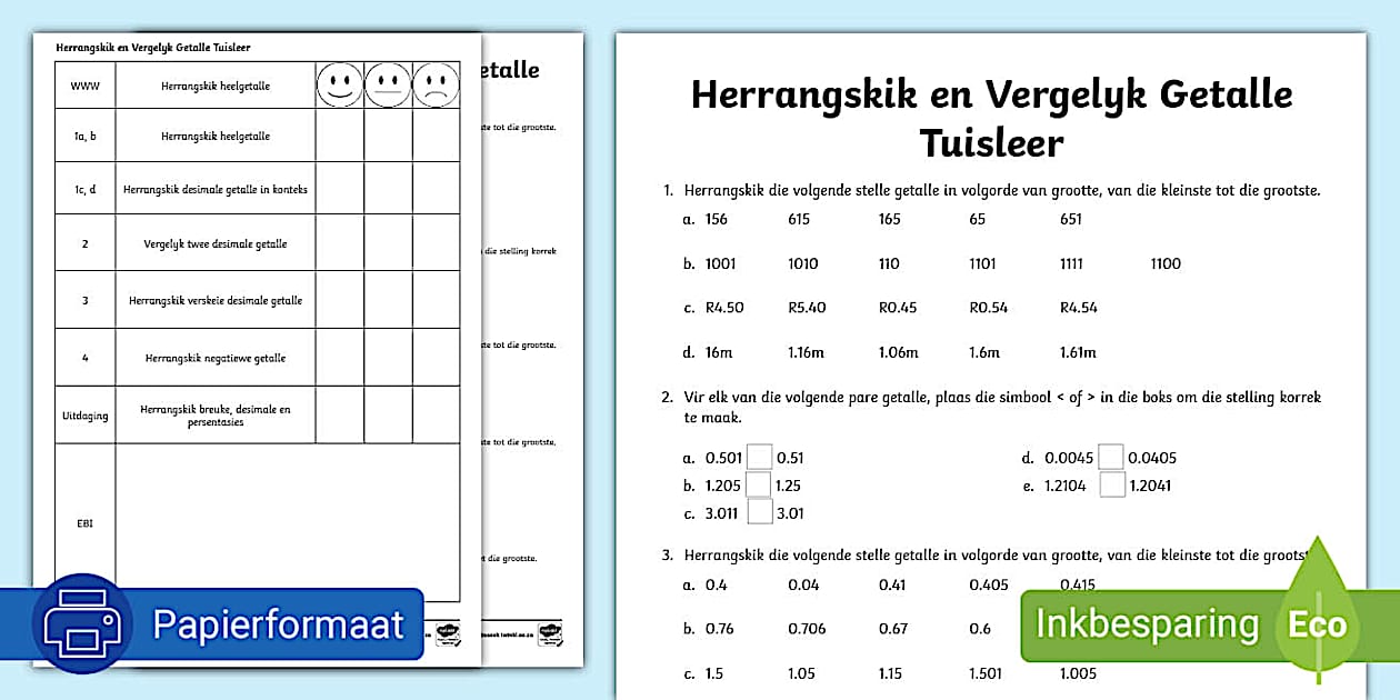 Herrangskik en Vergelyk Getalle Werkkaart (teacher made)