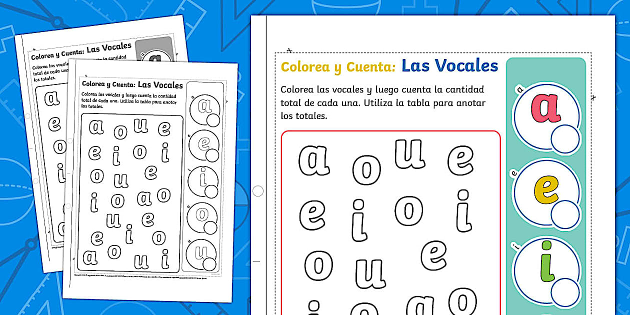 Guía de Trabajo: Colorea y Cuenta - Las Vocales - Twinkl