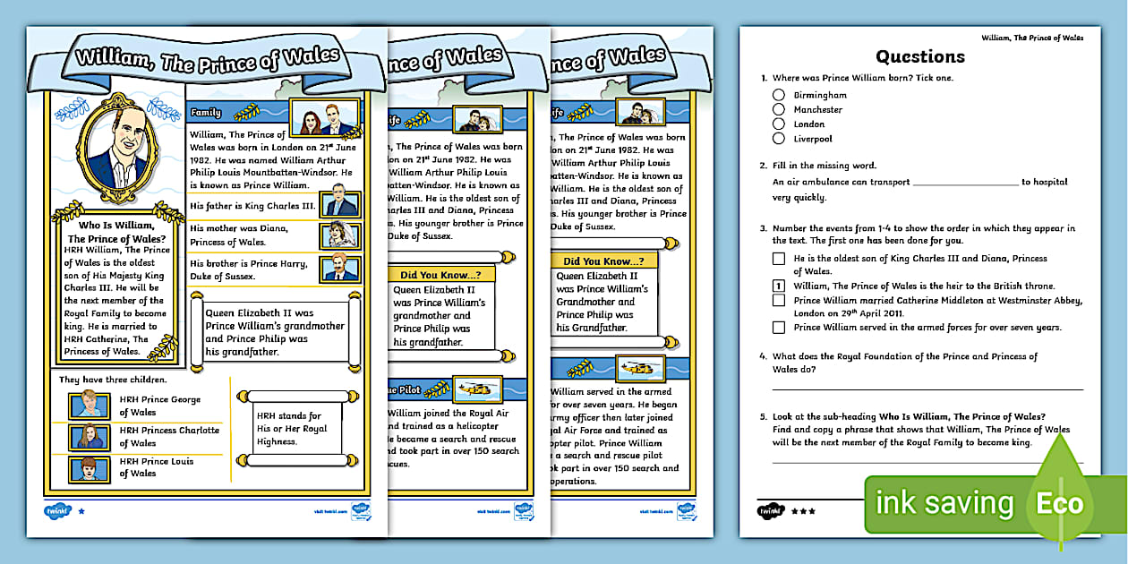 KS1 HRH William, Prince of Wales Reading Comprehension