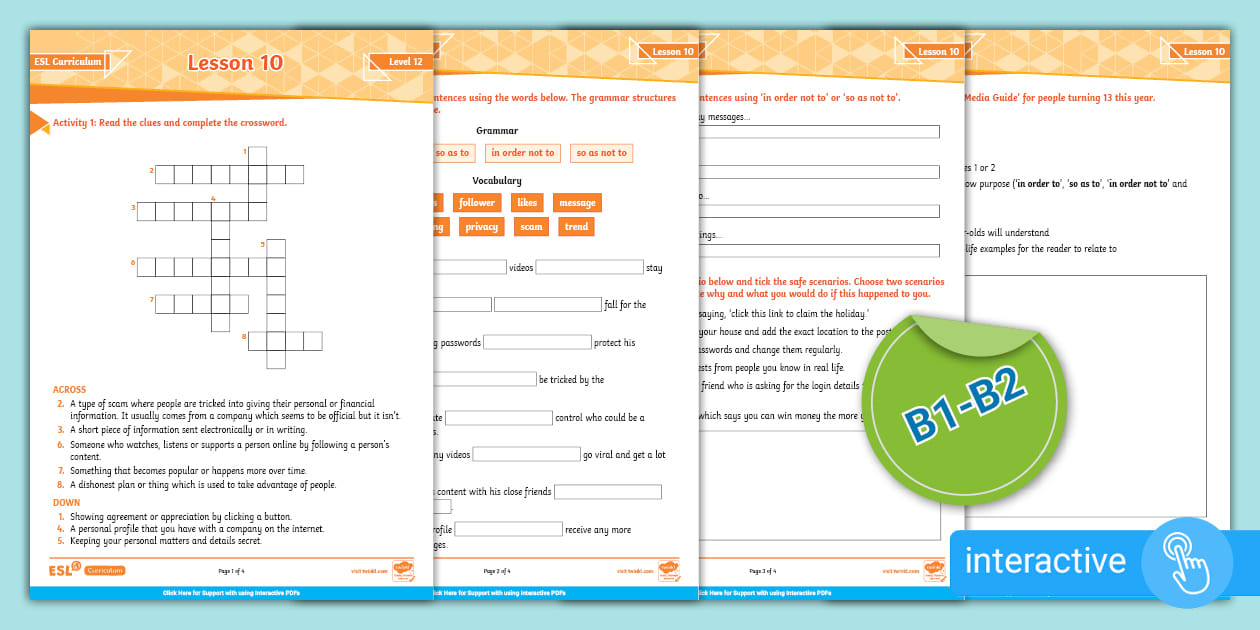 Level 12 Interactive ESL Curriculum Lesson 10 Sheet - Twinkl