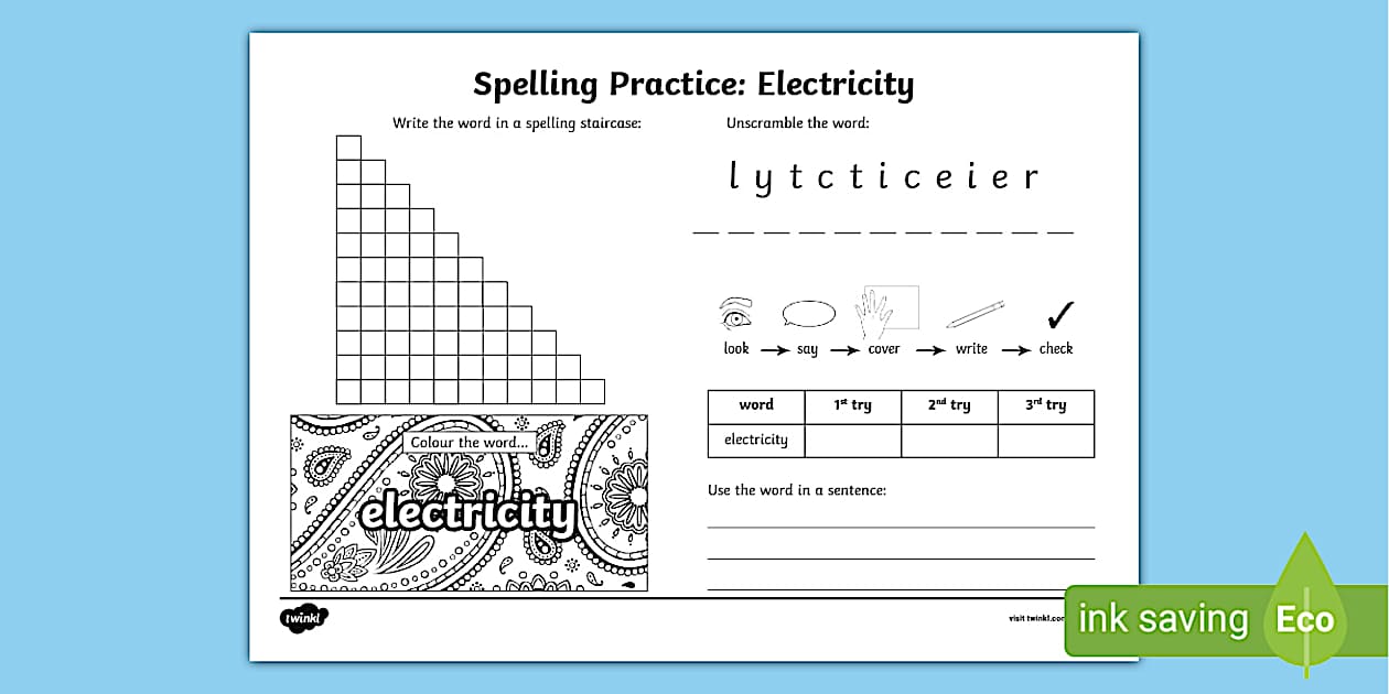 Electricity Spelling Practice Worksheet (teacher made)