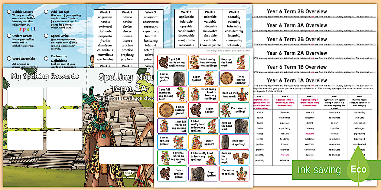 Editable Year 6 Maya Themed Spelling Menu Pack - Twinkl