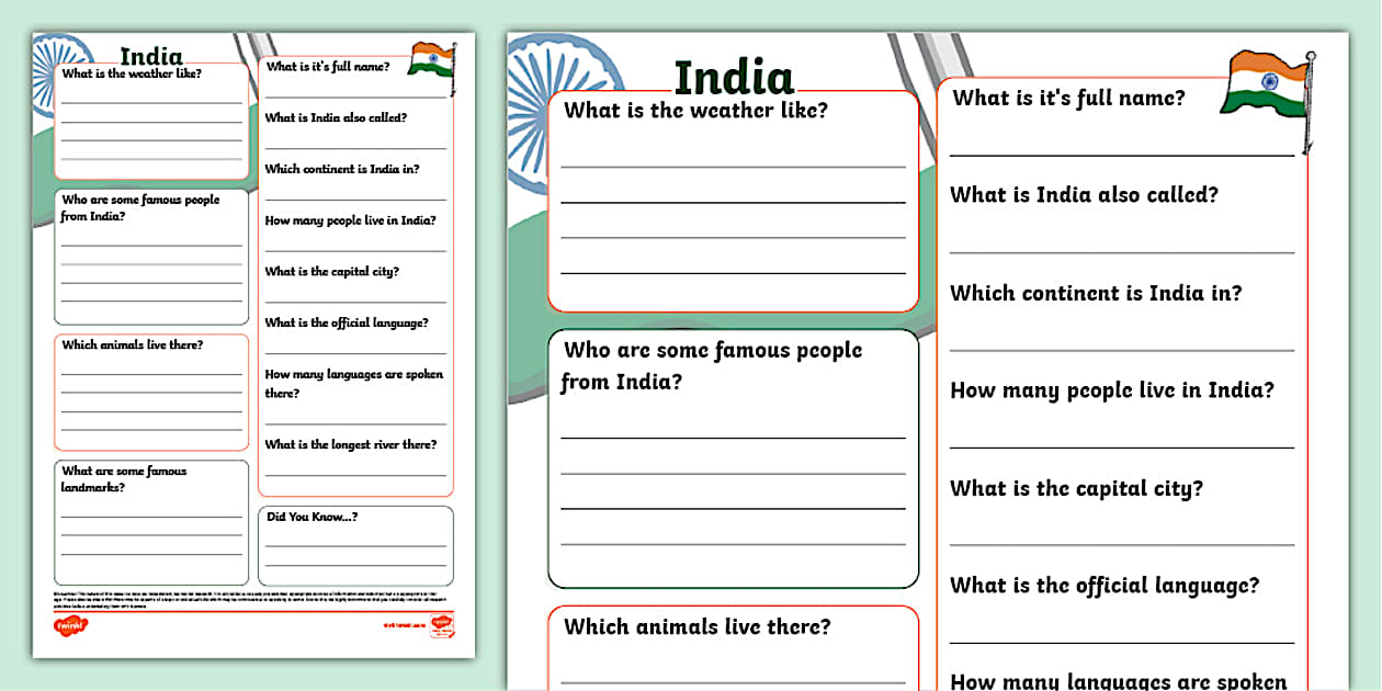 India Fact File Template, India, New Delhi, Asia - Twinkl