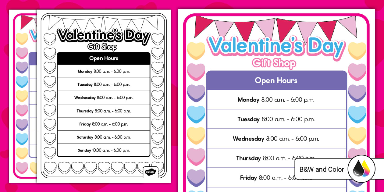 Valentine's Day Gift Shop Dramatic Play Hours Sign