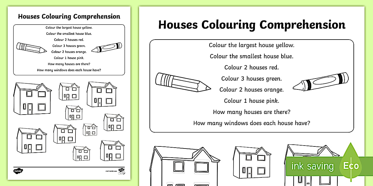 Houses Colouring Comprehension Worksheet - Twinkl