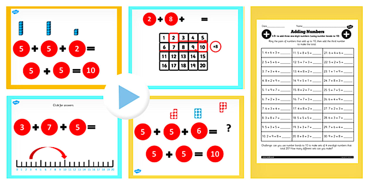 Year 2 Adding Three One Digit Numbers Lesson 1 Teaching Pack
