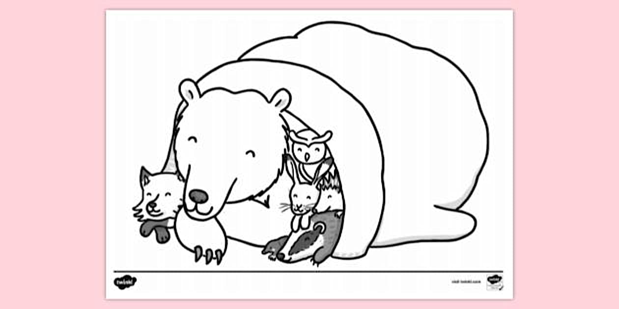 Mole Rabbit Hedgehog Badger Owl Fox and Bear in Mitten Colouring Sheet