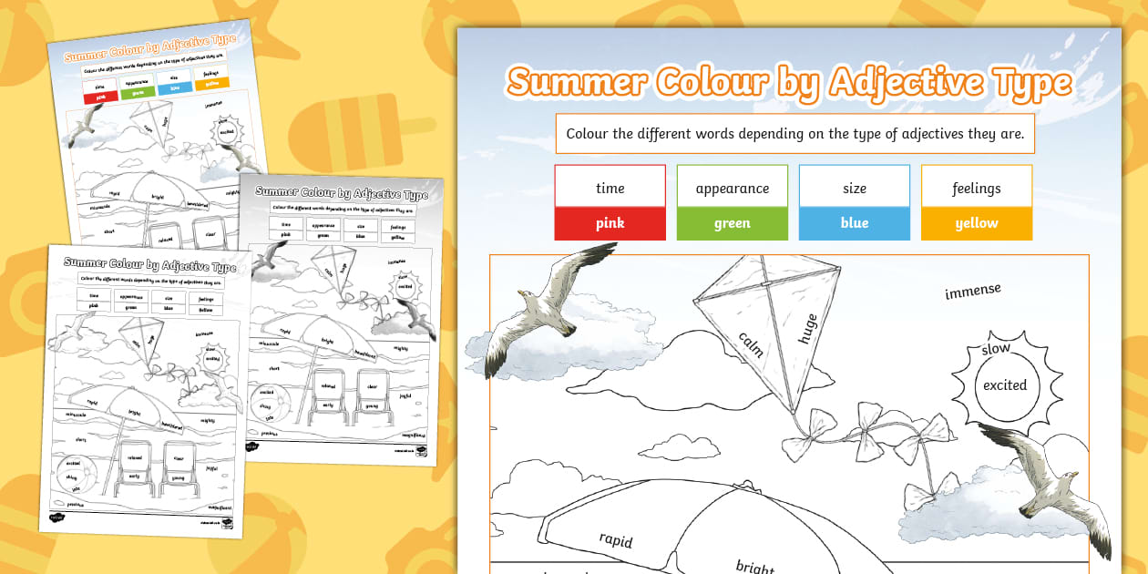 Summer Colour by Adjective Type Worksheet