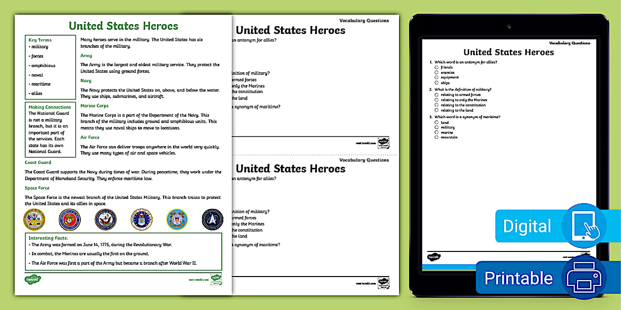 Third Grade United States Heroes Fact File and Vocabulary