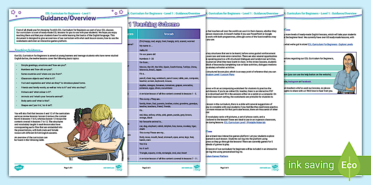 ESL Curriculum Level 1 - Guidance for Teachers - Twinkl