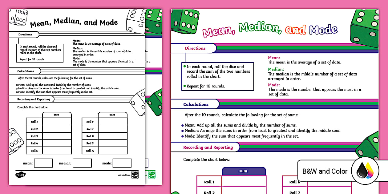 Fourth Grade Mean, Median, and Mode Worksheet - Twinkl