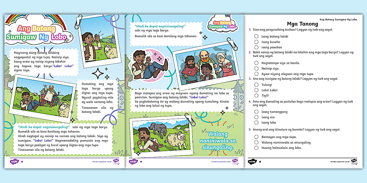 Ang Batang Sumigaw Ng Lobo: Mga Pagsasanay Sa Pagbasa | Grade 1 | Twinkl