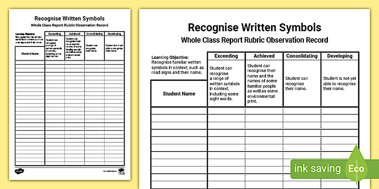 Recognise Written Symbols EYLF Assessment Rubric/Guide to Making Judgement