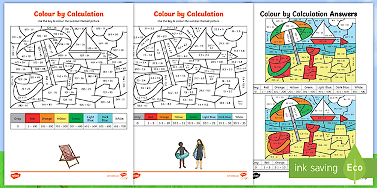 KS2 Summer Themed Addition and Subtraction Colour by Calculation Worksheets