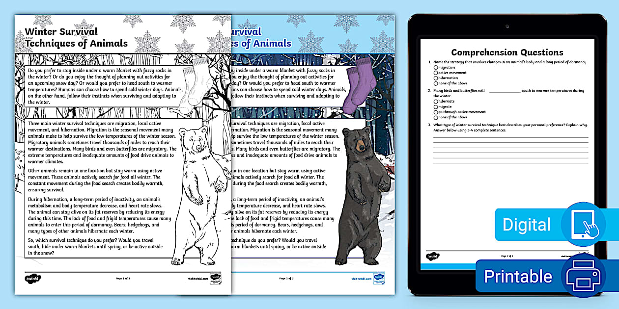 Seventh Grade Winter Survival Techniques of Animals Reading Passage