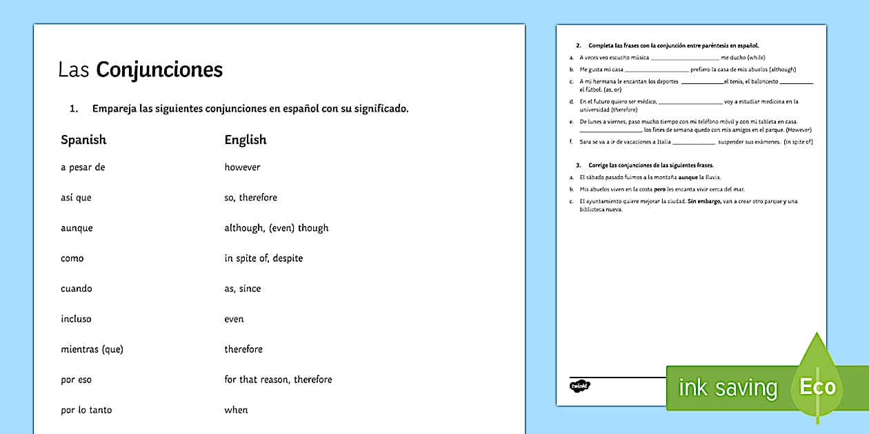Spanish Conjunctions Worksheet / Worksheet - Twinkl