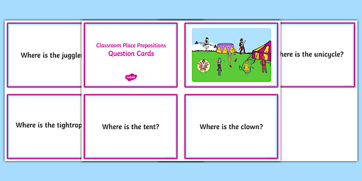 Cursive Circus Place Prepositions Question Cards - Twinkl