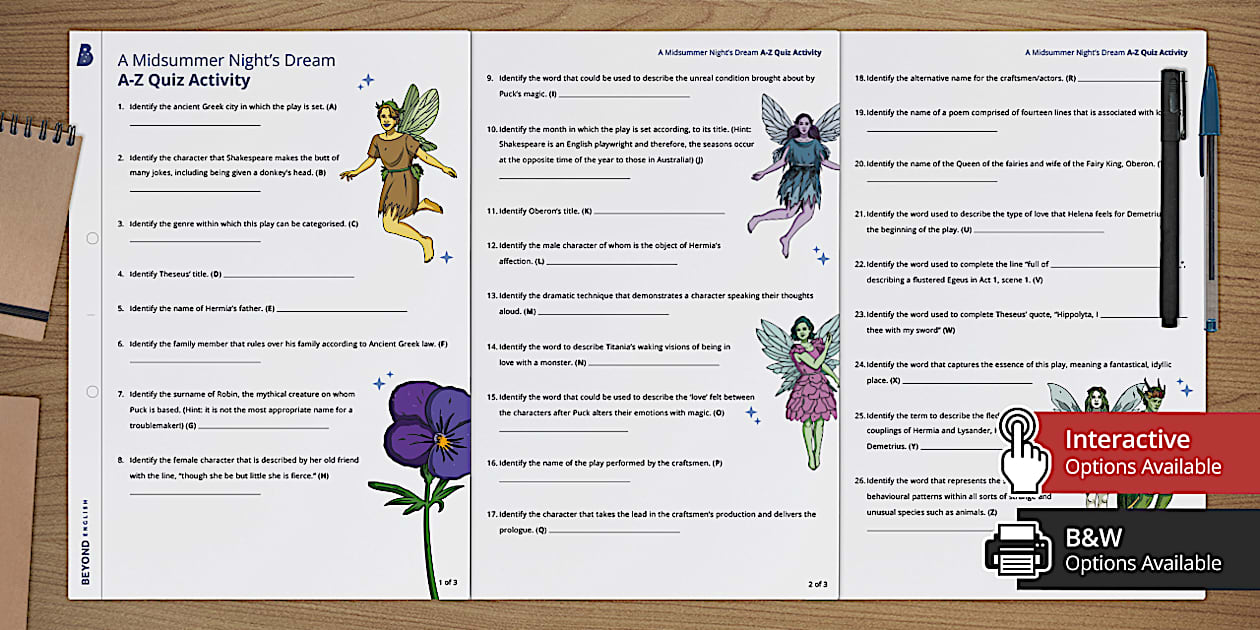 'A Midsummer Night's Dream' A-Z Quiz Activity (teacher made)