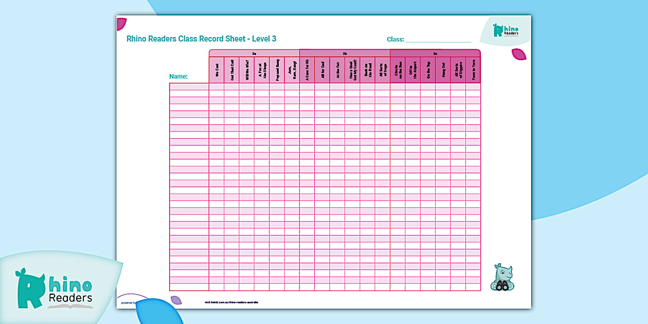 Rhino Readers Class Record Sheet - Level 3 (teacher made)