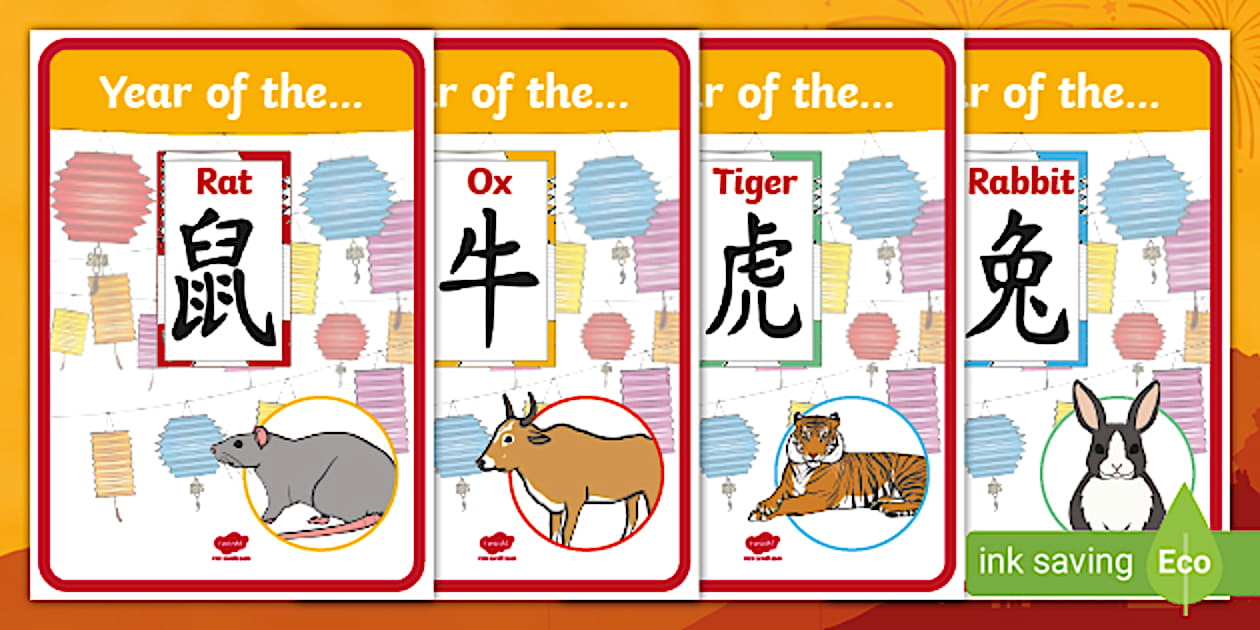 Cursive Chinese Year Of The Zodiac Animal Display Posters