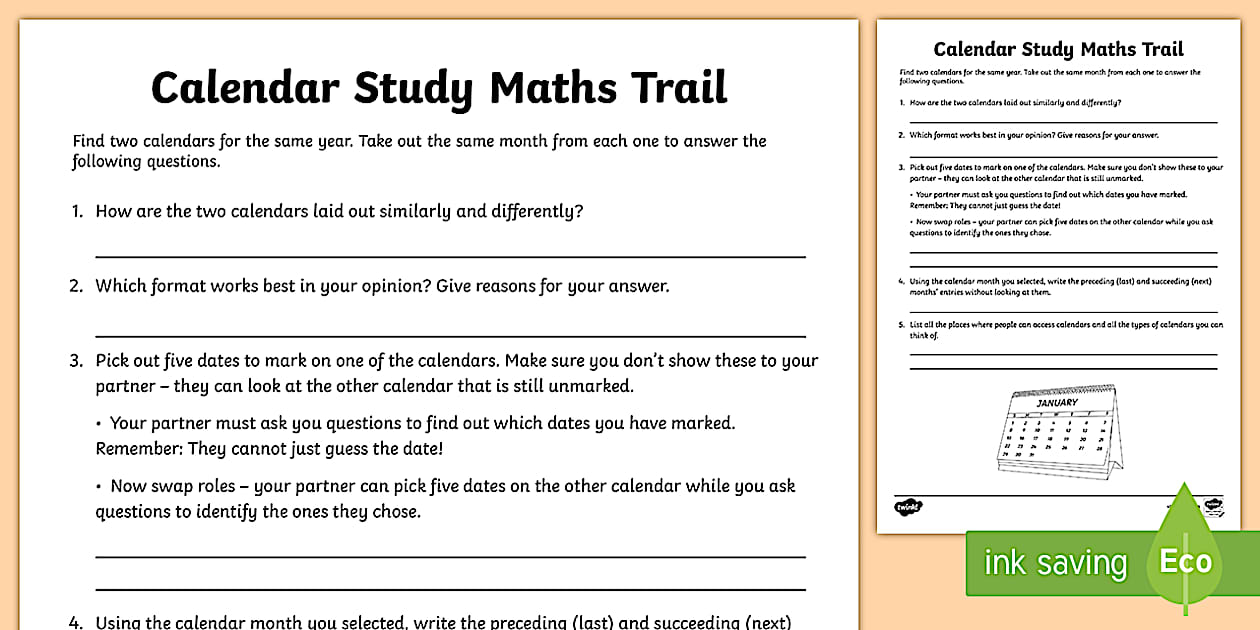 Calendar Study Maths Trail Worksheet / Worksheet - Twinkl