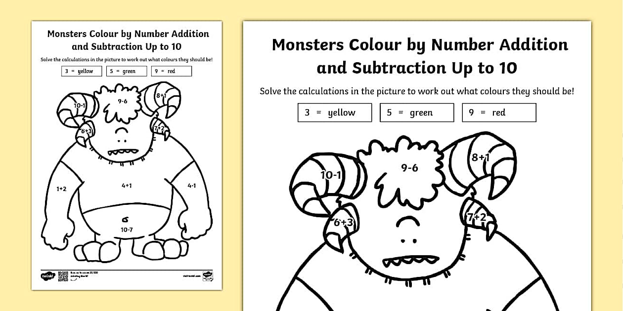 Monsters Colour by Number Addition and Subtraction Up to 10