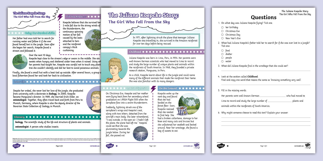 UKS2: The Juliane Koepcke Story Comprehension Activity