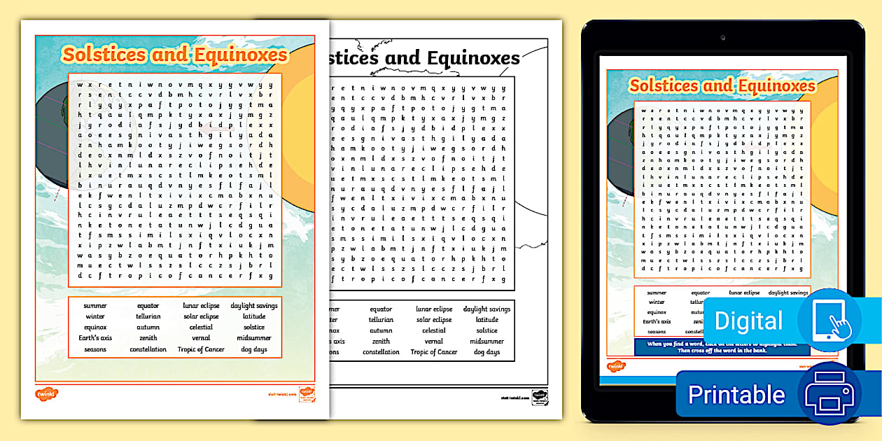 Solstices and Equinoxes Word Search for 6th-8th Grade