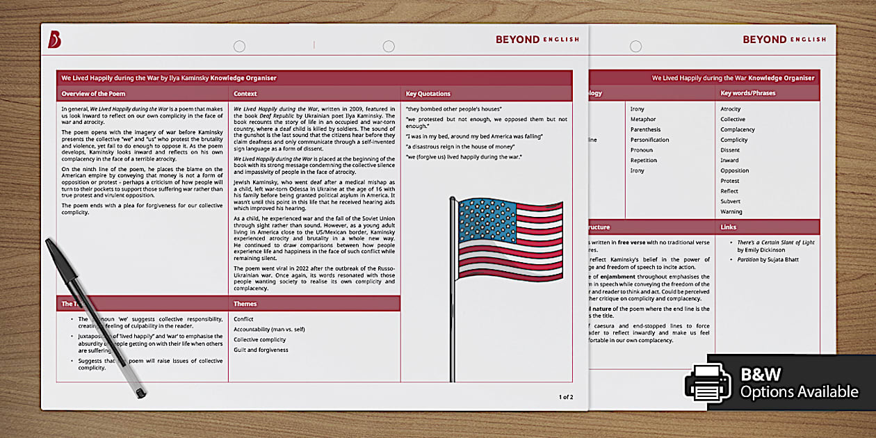 OCR GCSE Poetry: We Lived Happily During the War Knowledge Organiser
