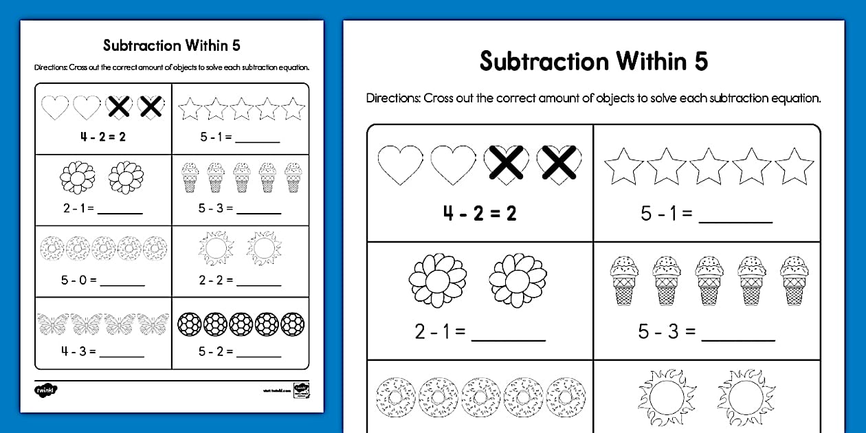 Kindergarten Subtraction Within 5 Activity Sheet - Twinkl