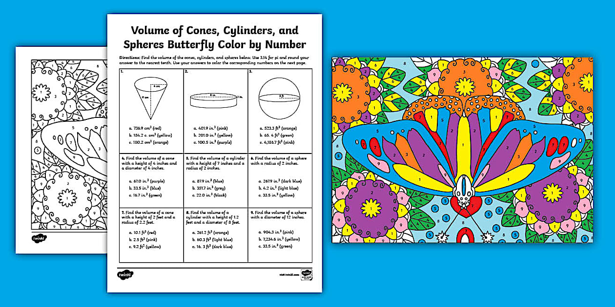 Eighth Grade Volume of Cones, Cylinders, and Spheres Butterfly Color by ...