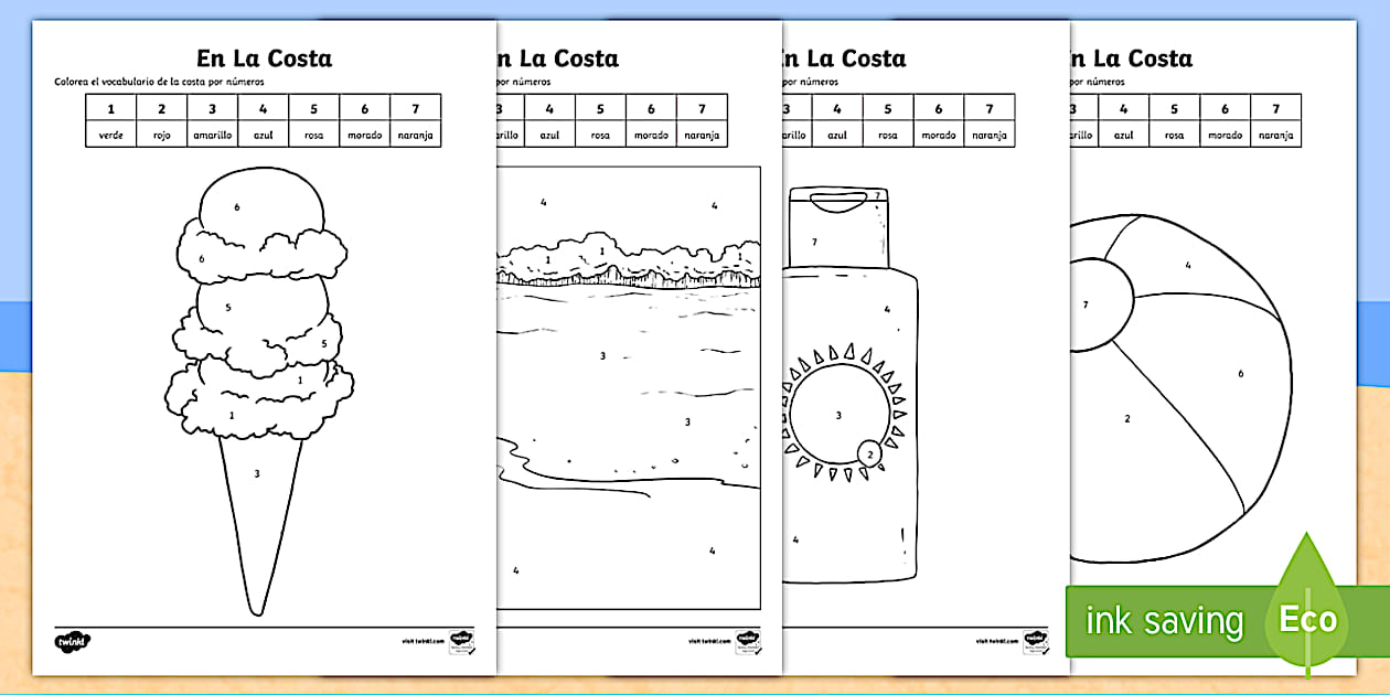 Seaside Topic Spanish Colour by Number Worksheet - Twinkl