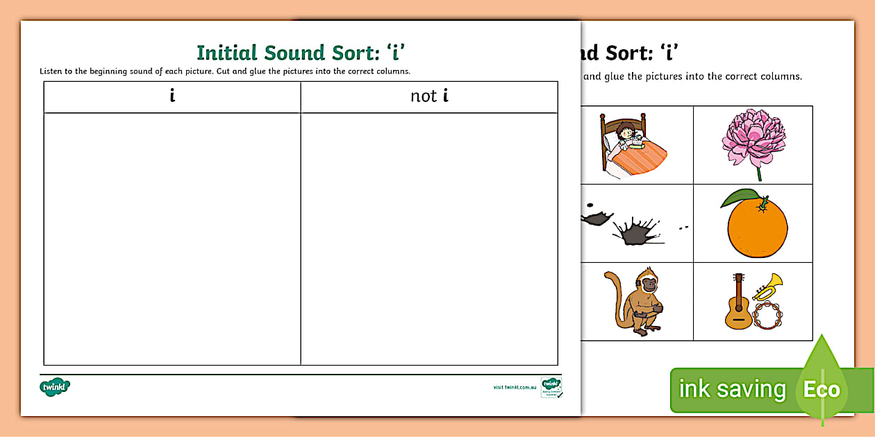 TAS Initial Sound Sort 'i' Cut and Glue Worksheet - Twinkl
