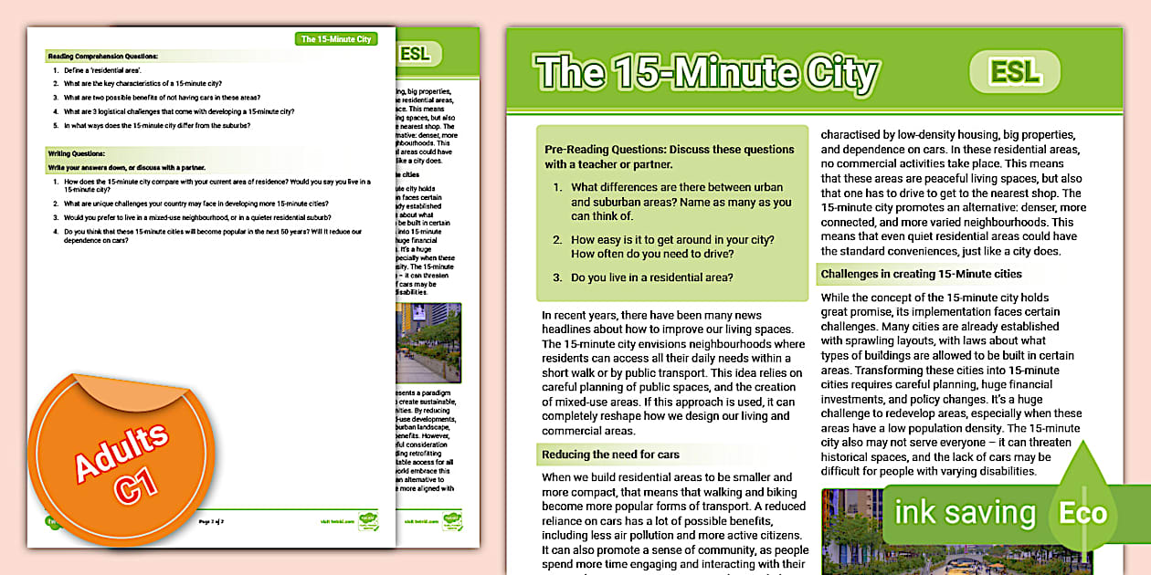 ESL Reading Comprehension: The 15-Minute City [Adults, C1]