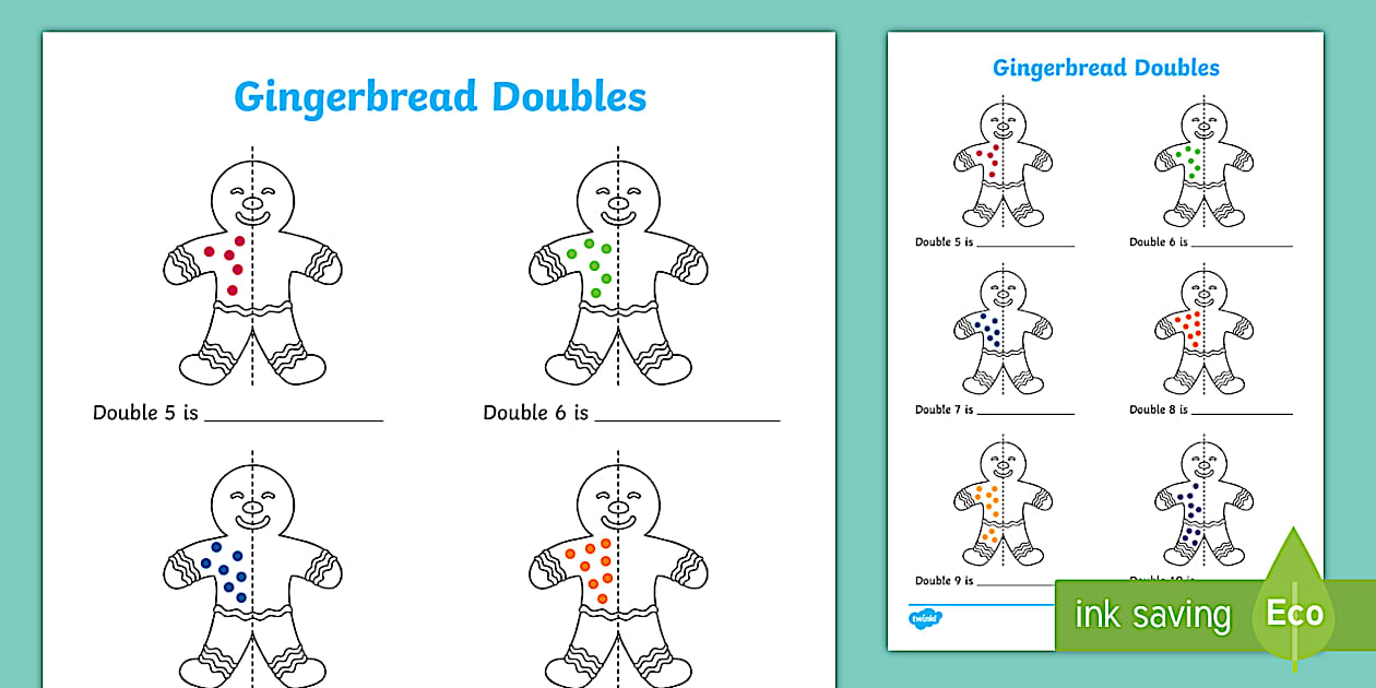 Black and White Gingerbread Man Doubles to 20 Worksheet