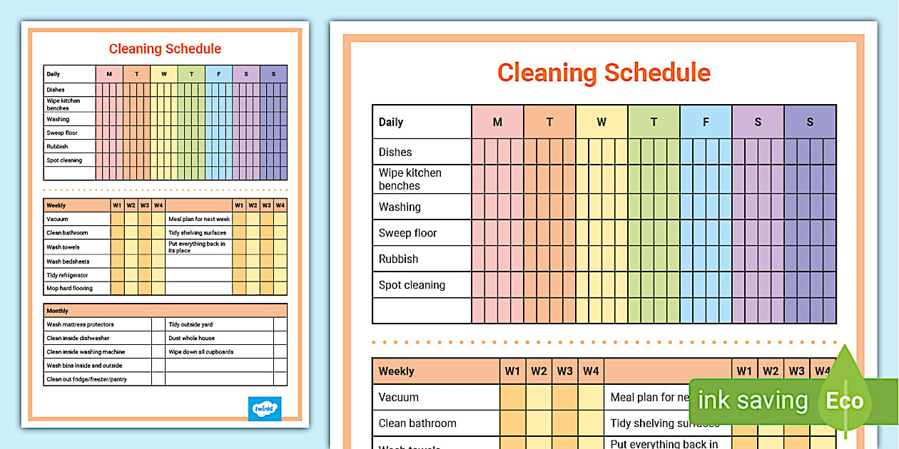 Daily, Weekly and Monthly Cleaning Schedule - Twinkl