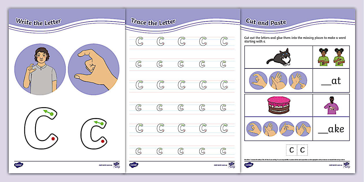 Letter C Handwriting Worksheets with Auslan