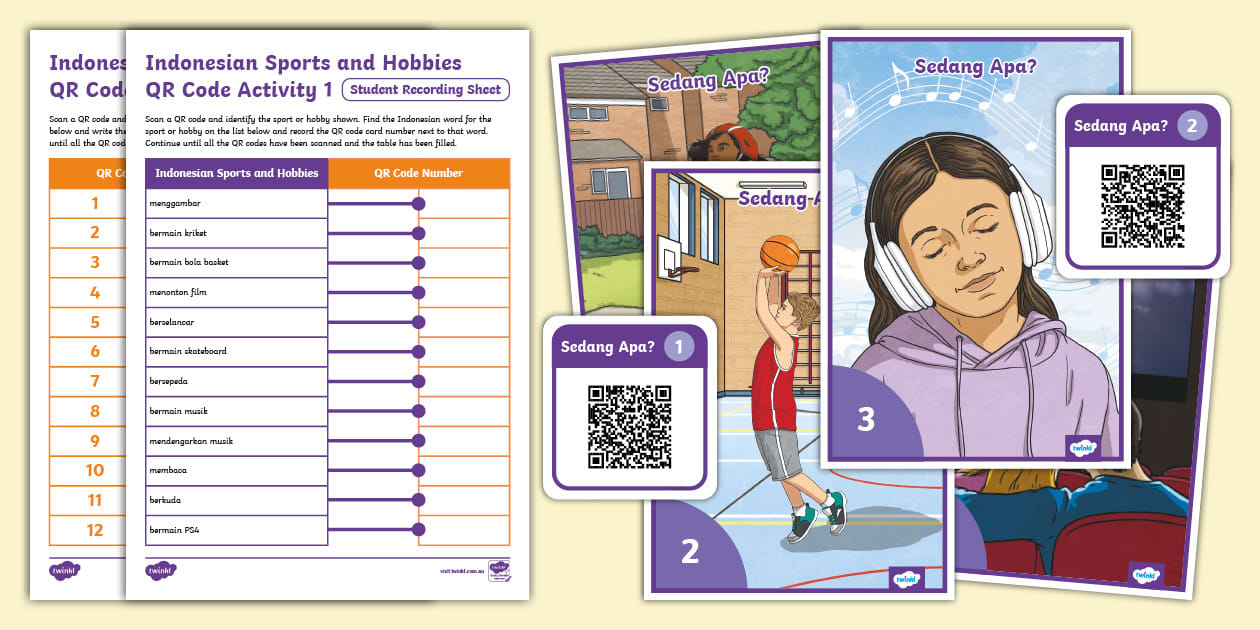 QR Code Hunt - Indonesian Sports and Hobbies (teacher made)