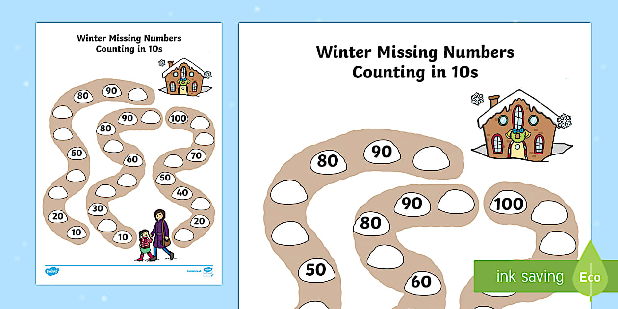 Winter Path Missing Numbers Counting in 10s Worksheet / Worksheet