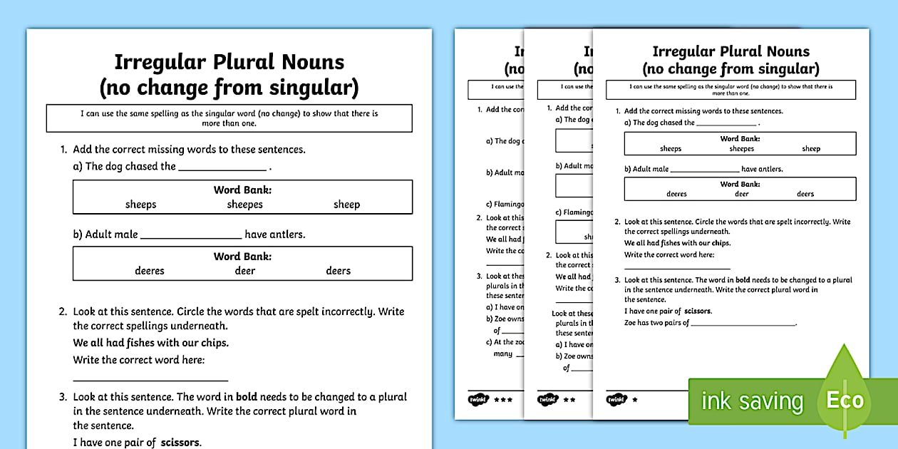 Irregular Plural Nouns (No Change from Singular) Differentiated Worksheet