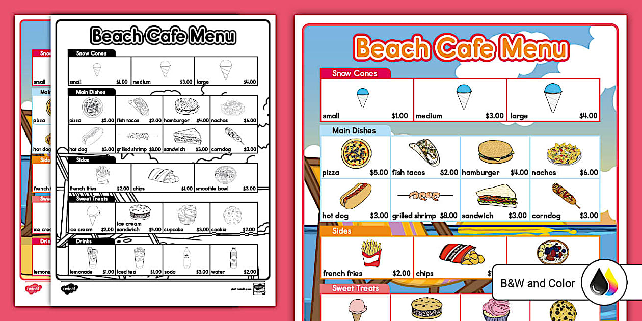 Beach Menu for PreK Dramatic Play Activities | Twinkl USA