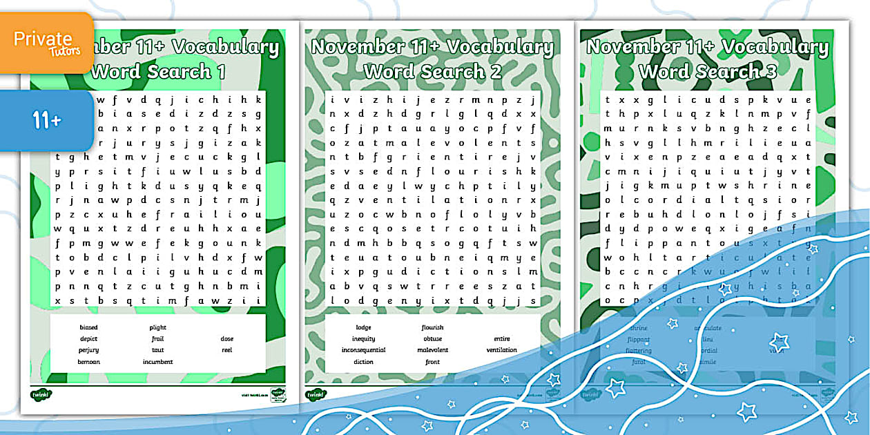 11+ Vocabulary Word Searches - November Pack (teacher made)