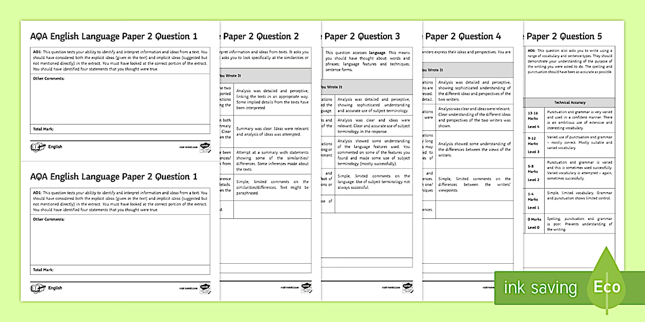 Editable AQA English Language Paper 2 Marking Worksheets